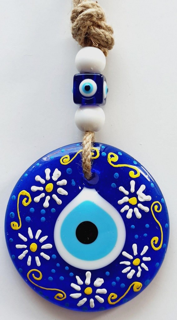 Mavi Cam Nazar Boncuklu El Boyaması Duvar Süsü Mavi Cam Nazar Boncuklu El Boyaması Duvar Süsü